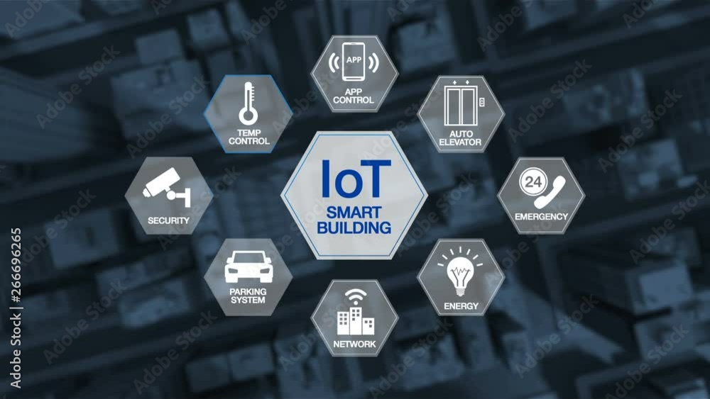 Intelligent Smart building in smart city, Aerial view, IoT smart ...