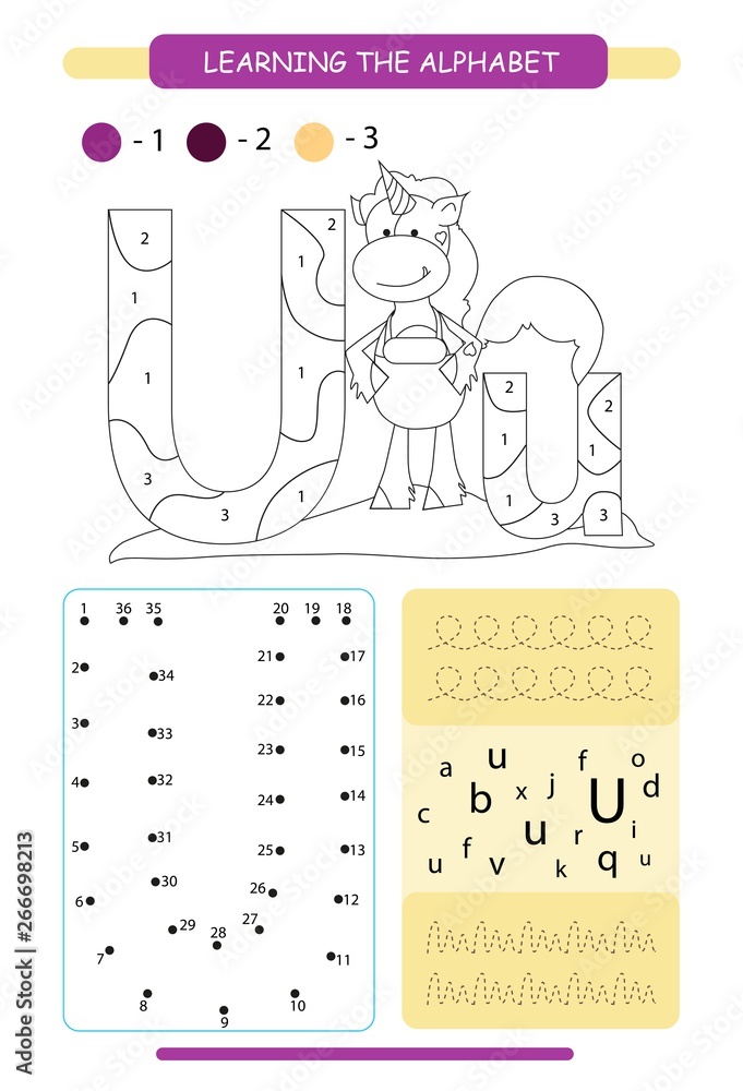 Letter U and funny cartoon unicorn. Animals alphabet a-z. Coloring page ...
