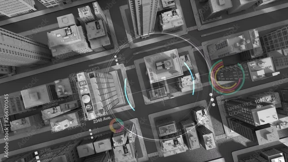 Intelligent Smart building in smart city, Aerial view with user ...