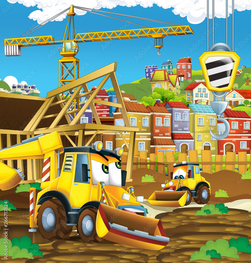 cartoon scene with diggers excavators on construction site father and ...