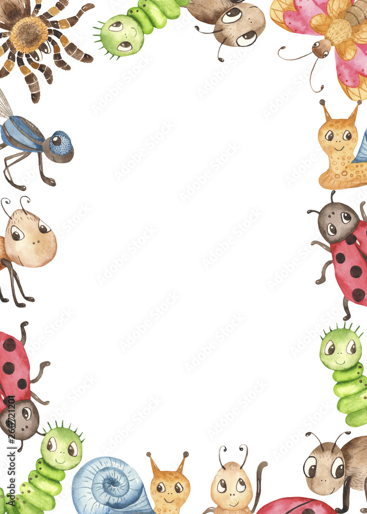 Watercolor cute childish cartoon illustration with insects. Round ...