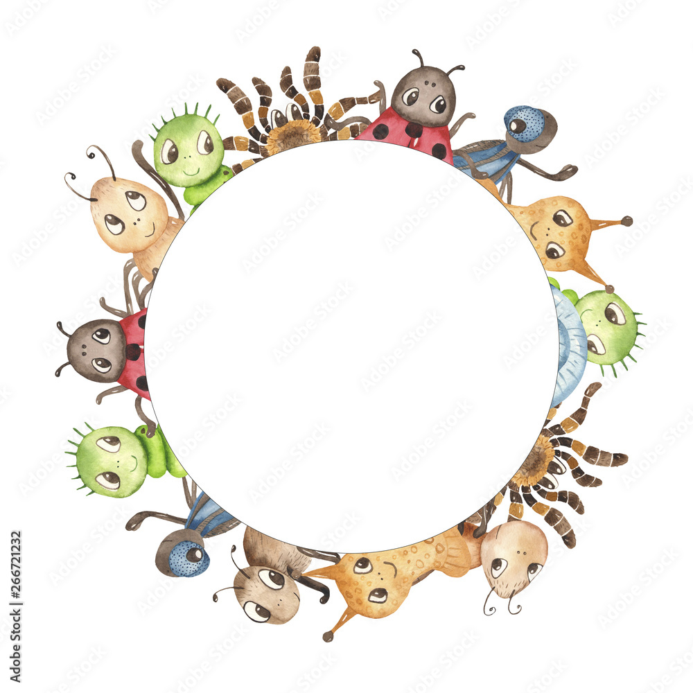 Watercolor cute childish cartoon illustration with insects. Round ...