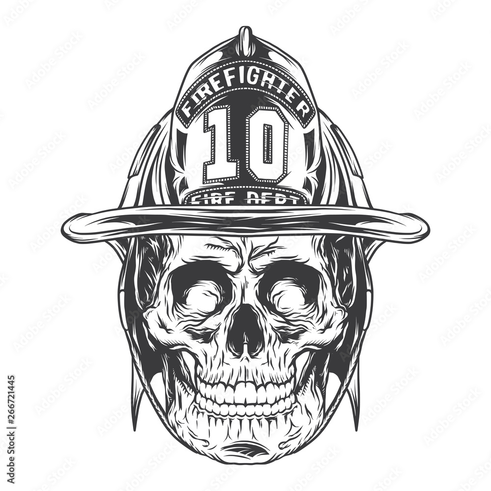 Firefighter's skull. Vintage label, illustration, logotype. Vector ...
