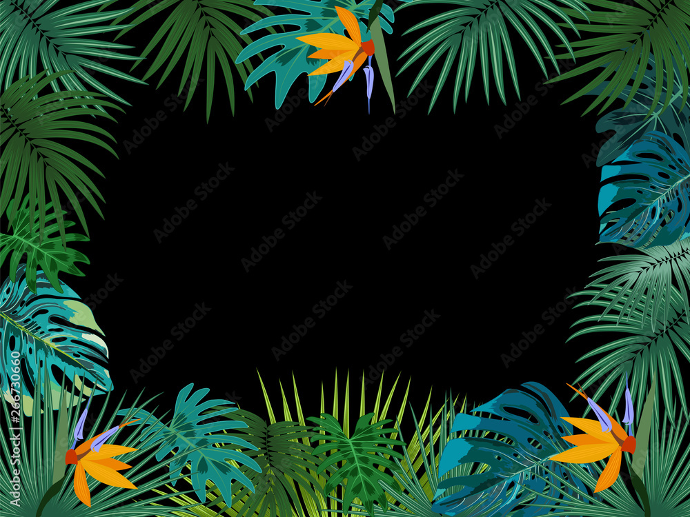 Vector tropical jungle frame with palm trees and leaves on black ...