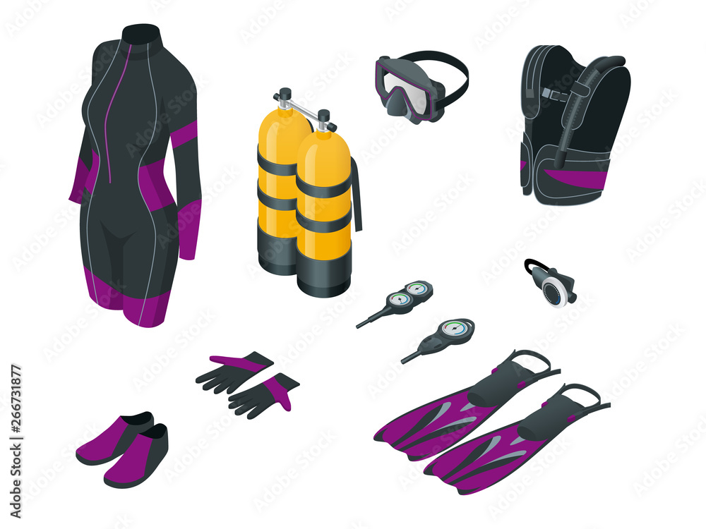 Isometric Scuba gear and accessories . Equipment for diving. IDiver ...