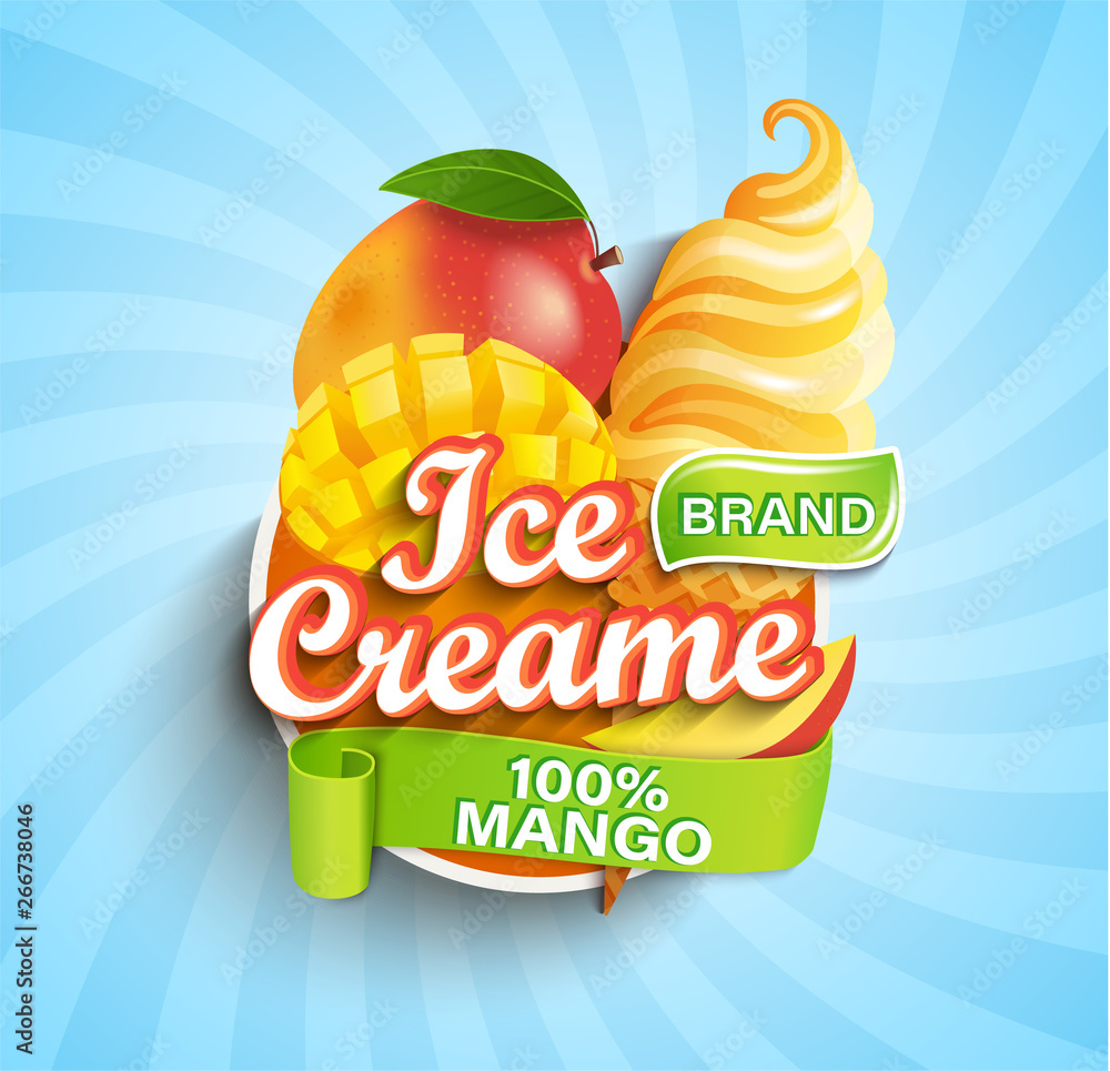 Mango Ice cream logo on sunburst background with fruit and sundae in ...