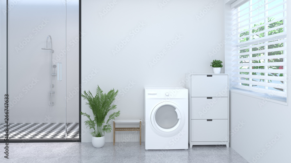 Clean white laundry room 3d rendering in front of empty wall home ...