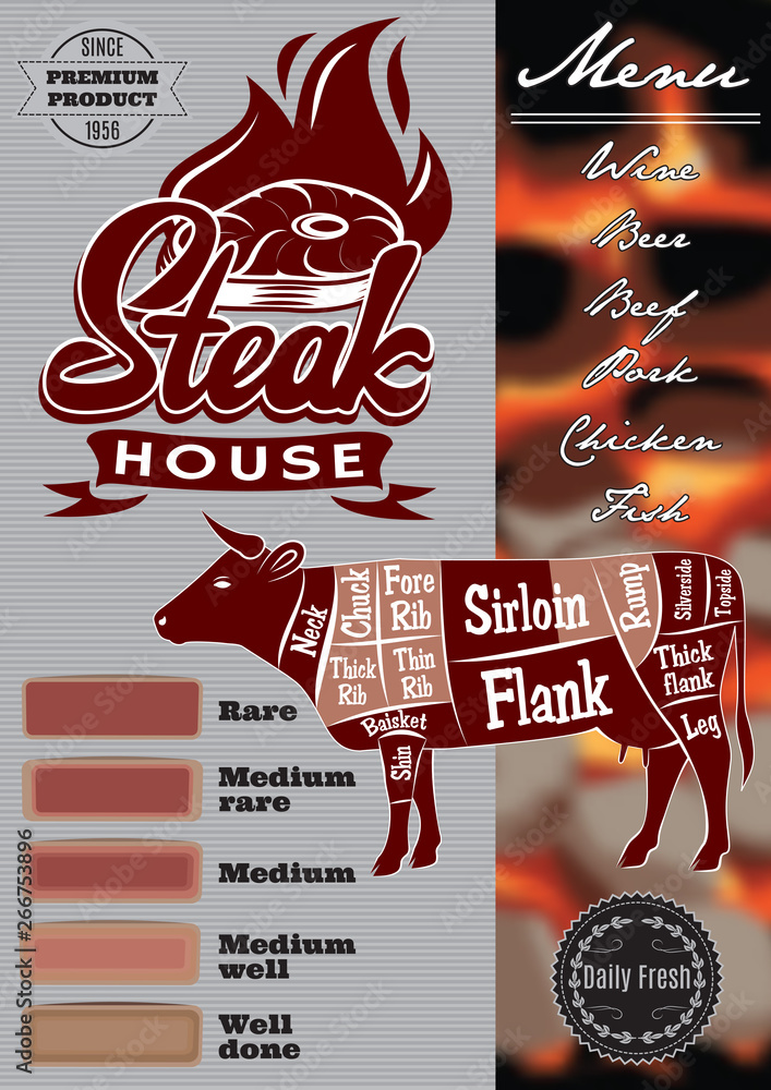 Vector color menu template for steak house with calligraphic lettering ...