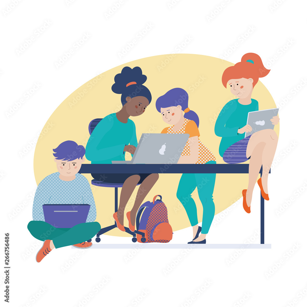 Group of children, kids, boy and girls working on computers, learning ...