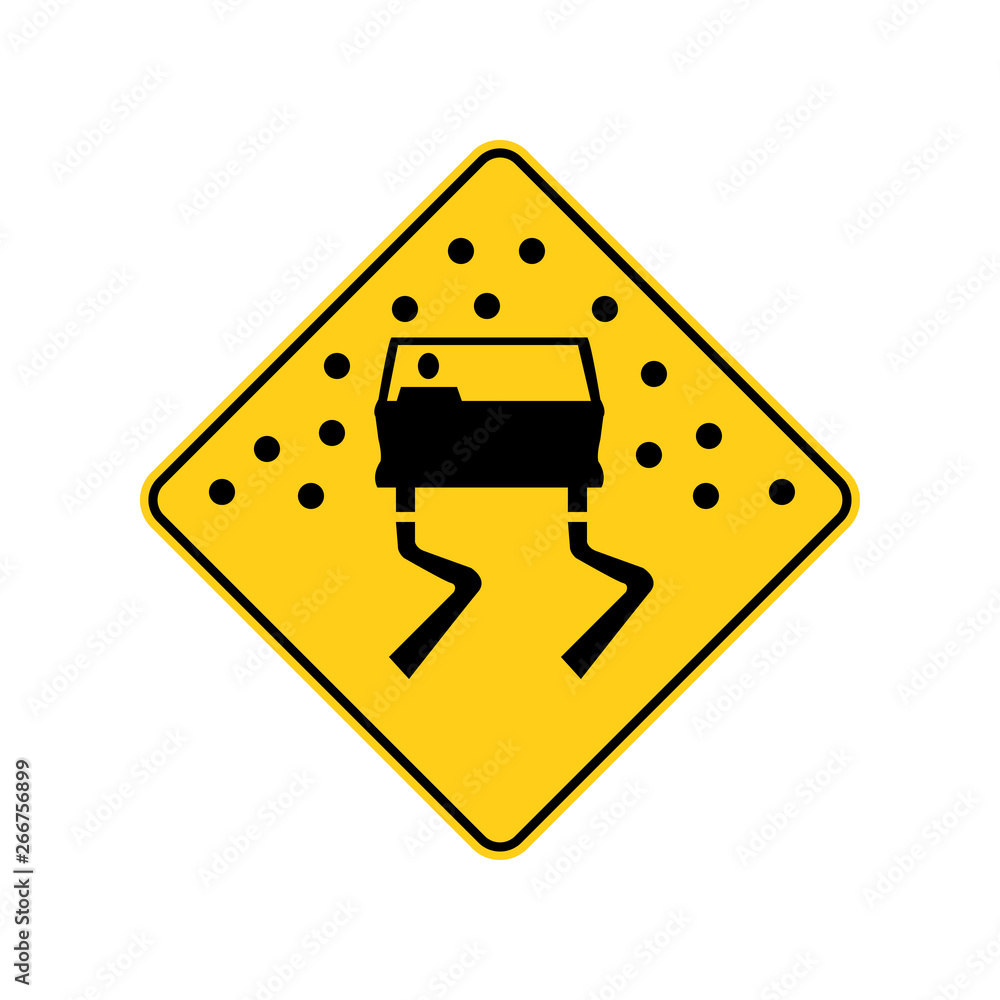 USA traffic road signs. pavement is slippery when wet.slow down and ...