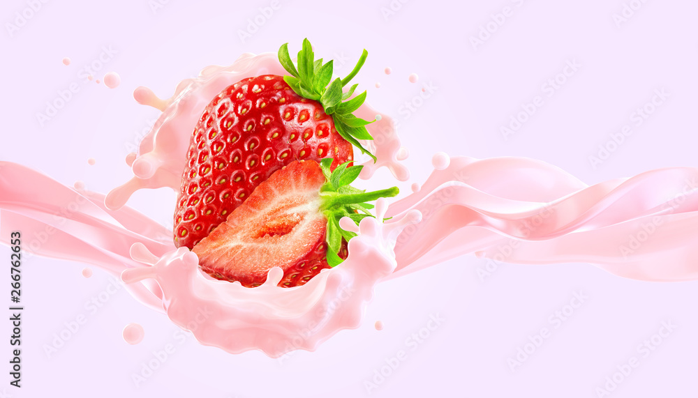 Fresh fruit yogurt splash with ripe strawberries. Healthy breakfast ...