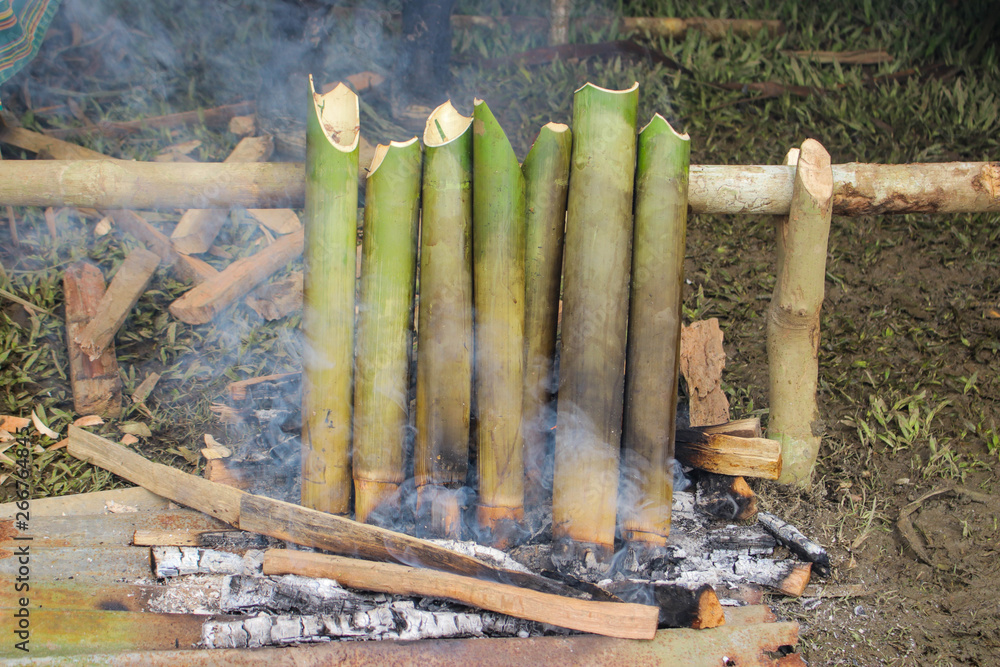 Food cooked on a bamboo, Food of the Mansaka warrior, tribe in Mindanao ...