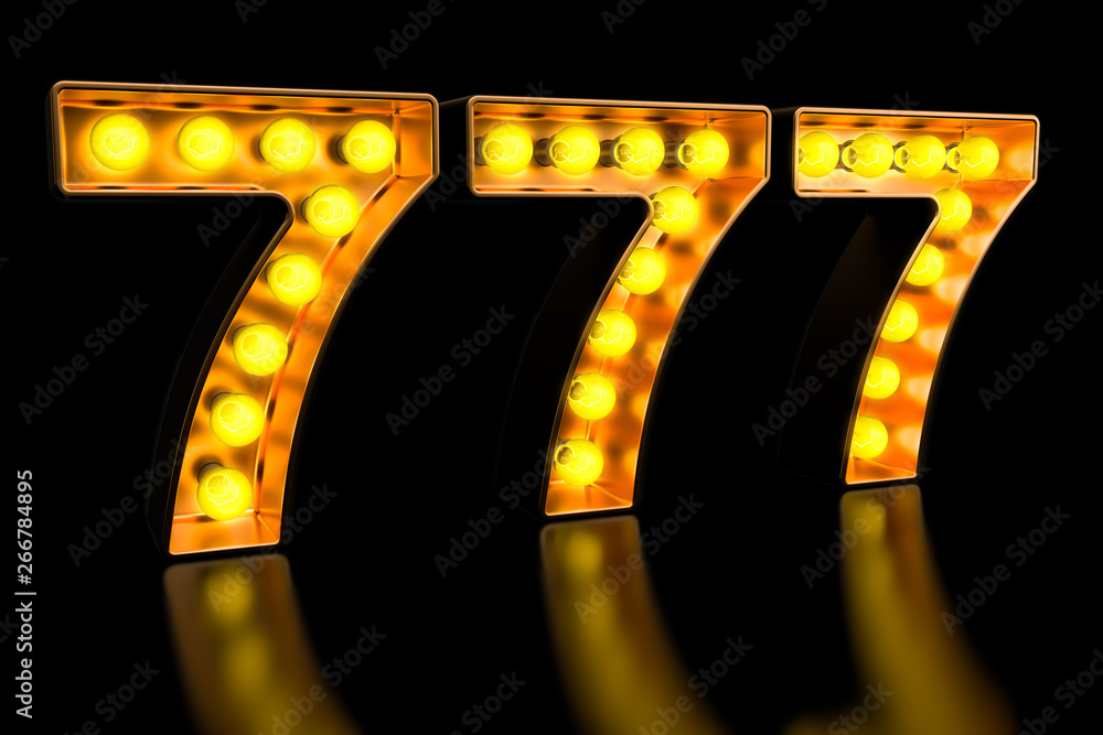 777 signboard from golden light bulb letters, retro glowing font. 3D ...