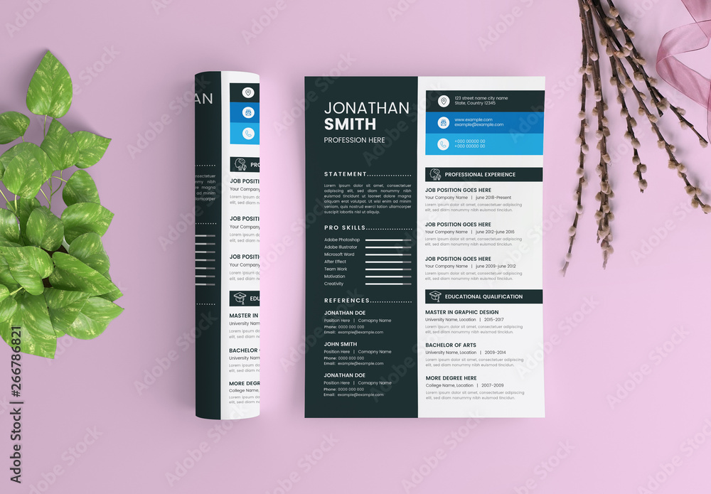 Resume Layout with Dark Gray and White Accents Stock Template | Adobe Stock