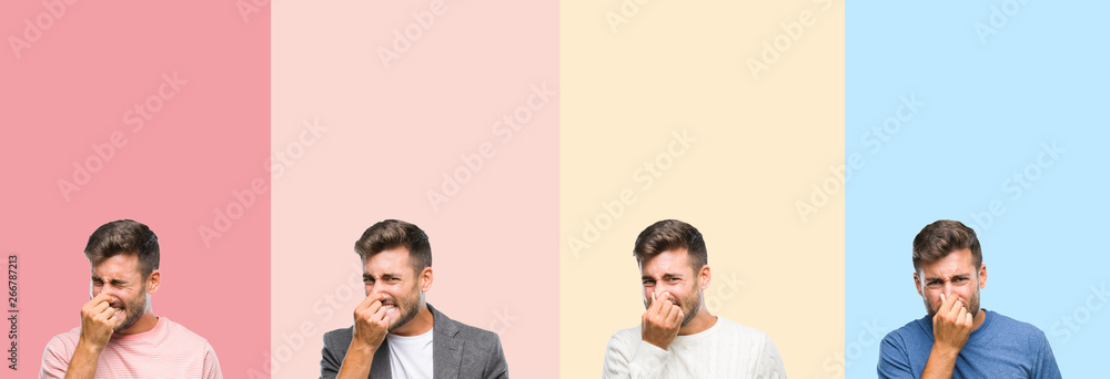 Collage of handsome young man over colorful stripes isolated background ...