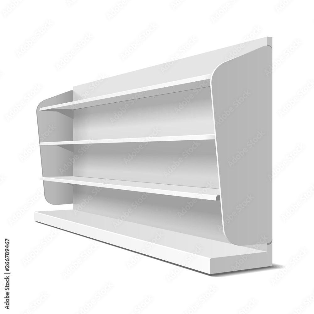 Blank Empty Showcase Display With Retail Shelves. 3D. Side View. Mock ...