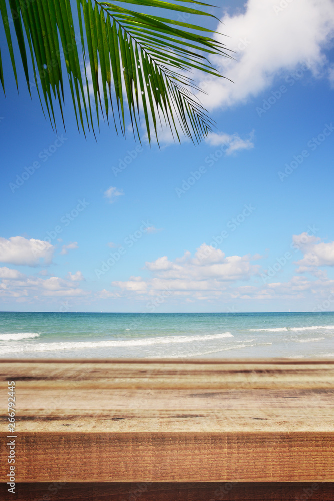 Beach background with palm tree and empty wooden, Summer. Stock Photo ...