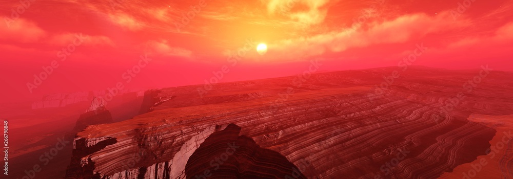 Alien landscape, sunset above the surface of the planet in space, 3d ...