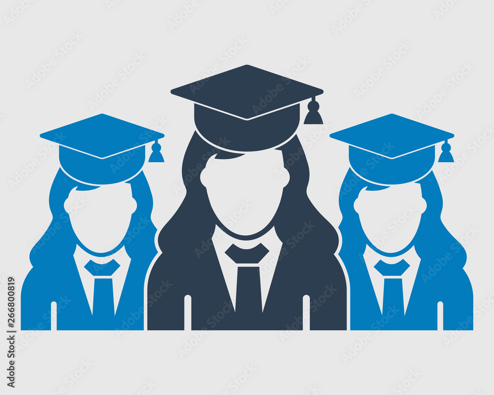 Graduate Student Team Icon. Female symbols with cap on head. Flat style ...