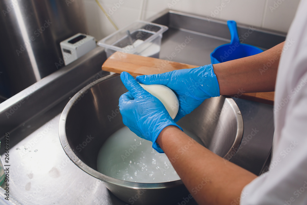 Production process of mozzarella cheese, cheese making process. Stock ...