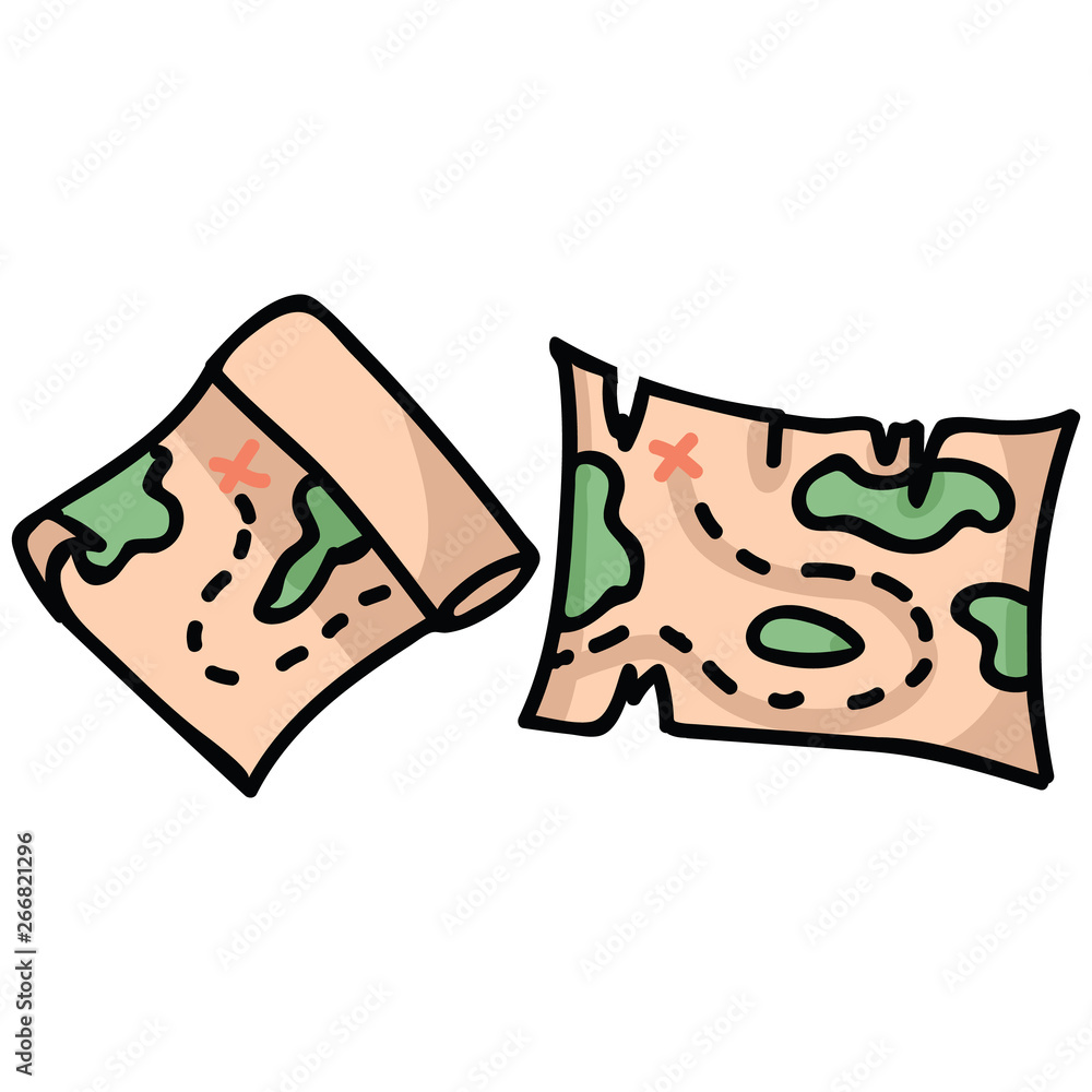 Cute treasure map cartoon vector illustration motif set. Hand drawn ...
