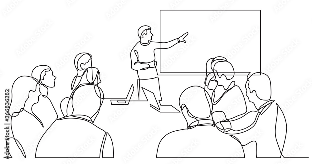 team member explaining work plan in fron of business team - single line ...