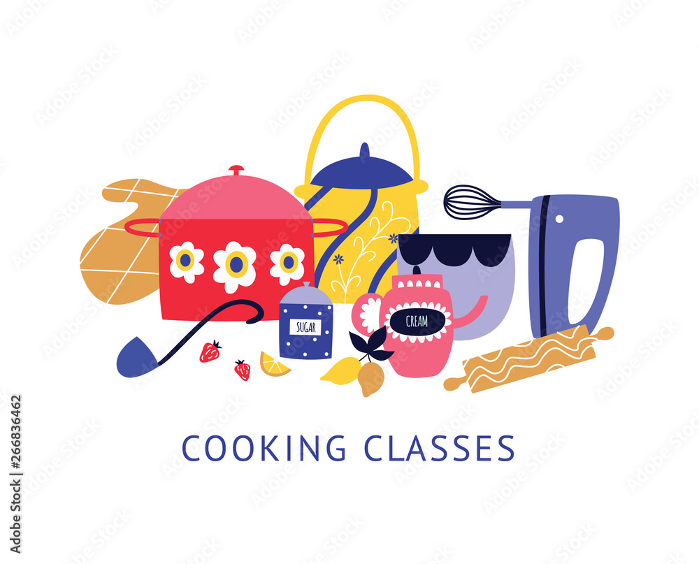 Composition of utensil and kitchen tools with text in flat cartoon ...