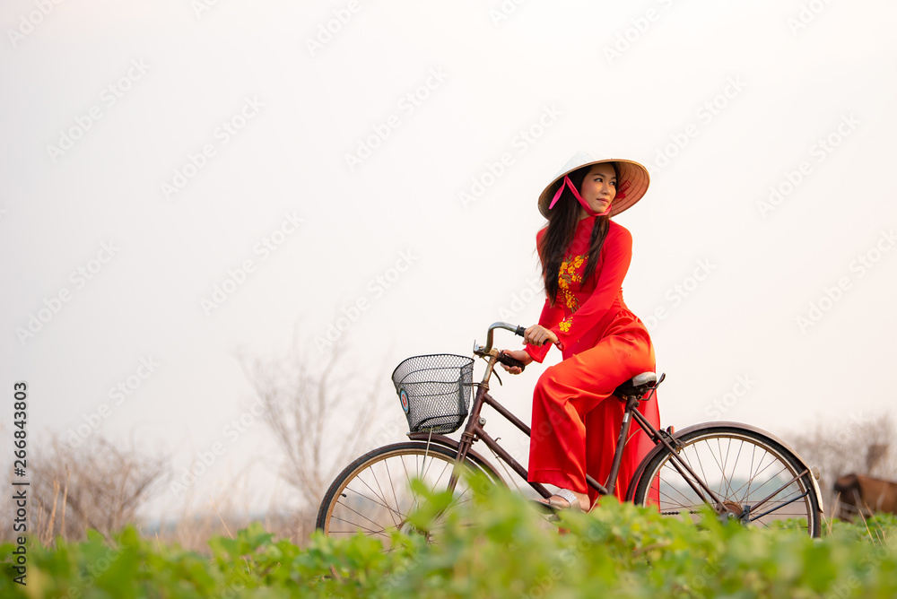 Vietnamese Beautiful woman with traditional dress (ao dai) and conical hat in Ho Chi Minh ...