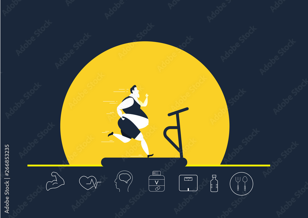 fat obese man running on treadmill oversize fat guy weight loss with ...