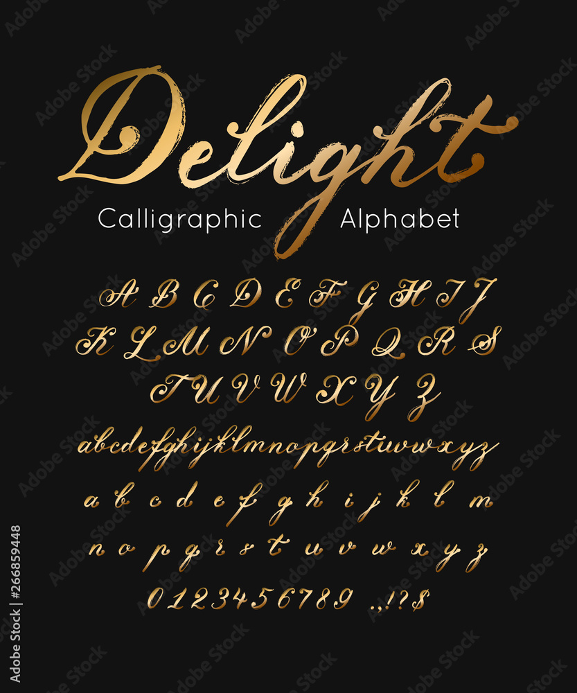 Vector gold font and alphabet. Set of cursive letters and numbers ...