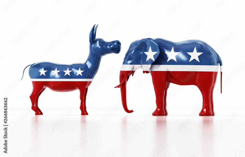 Poster Republican and Democrat party political symbols elephant and ...
