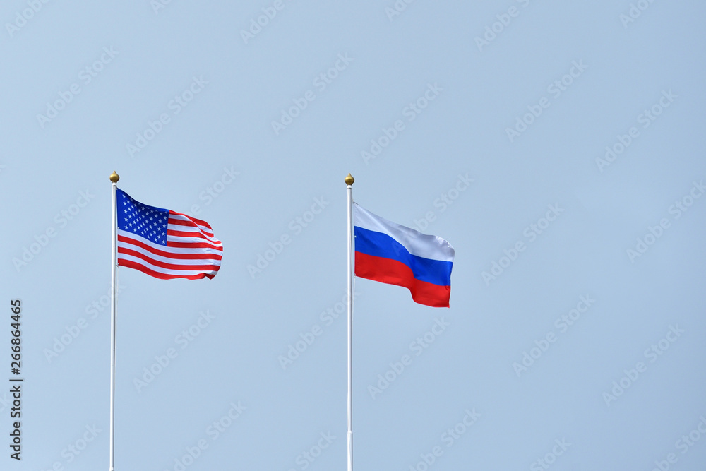 Beautiful and bright flags of the Russian Federation and the United ...