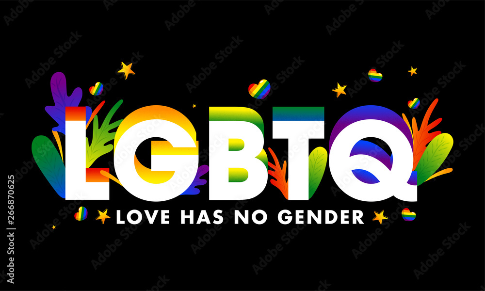 3D text LGBTQ decorated with colorful leaves on black background. Can ...