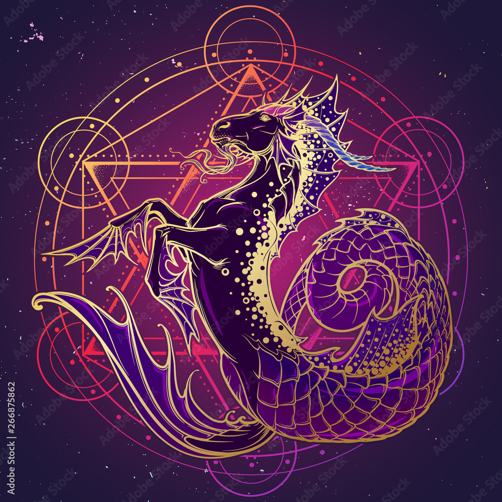 Zodiac sign Capricorn. Fantastic sea creature with body of a goat and a ...