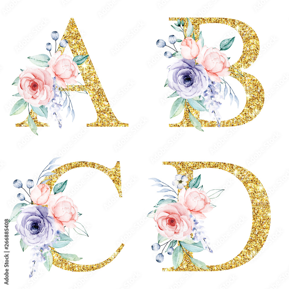 Floral alphabet, letters A, B, C, D with watercolor flowers and leaf ...