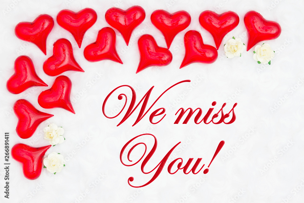 We miss you message with red hearts on white fabric Stock Photo | Adobe ...