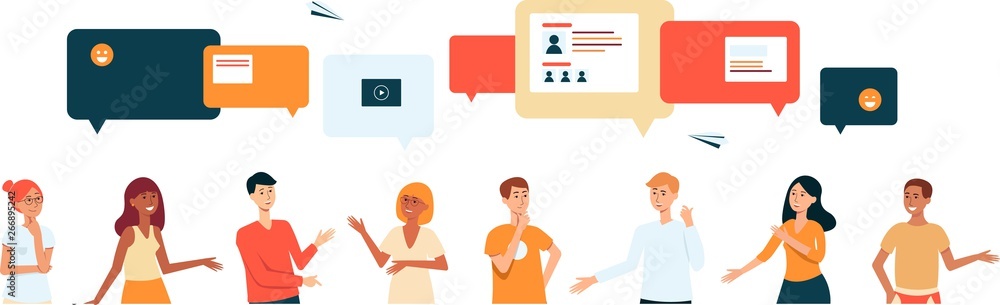 Cartoon characters chat via speech bubbles on phone app Stock Vector ...