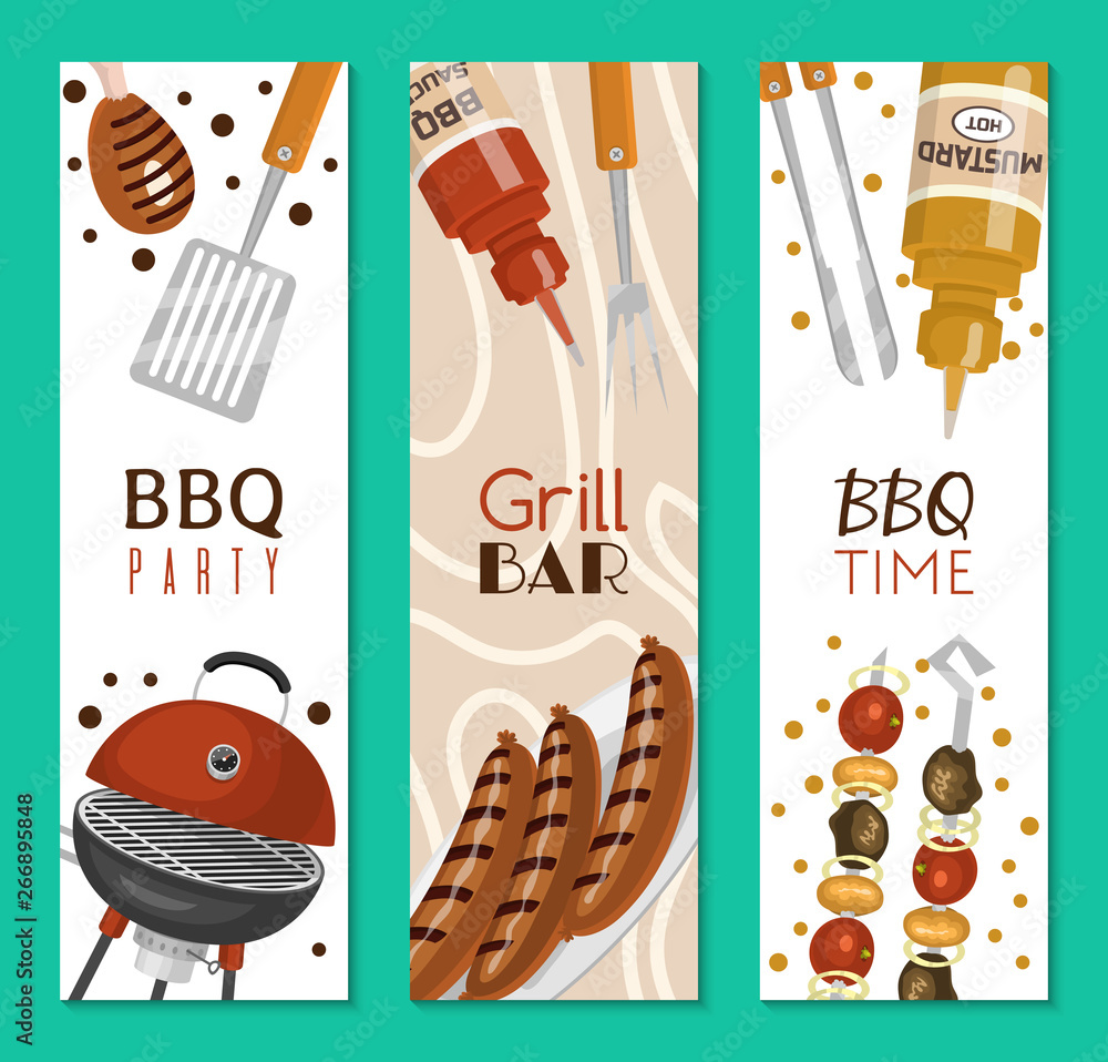 Barbeque picnic party banner meat steak roasted on round hot barbecue ...