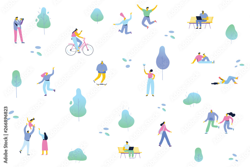 Nature background with different people walking and have a rest outdoor ...