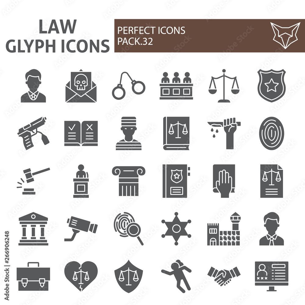 Law glyph icon set, justice symbols collection, vector sketches, logo ...