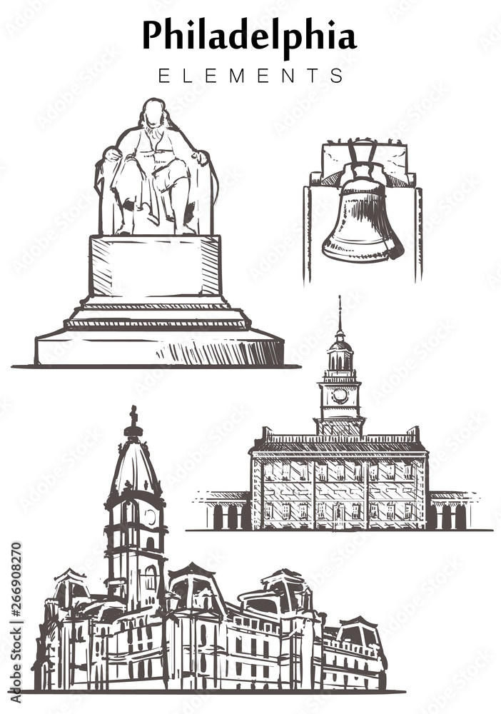 Set of hand-drawn Philadeelphia buildings elements sketch vector ...