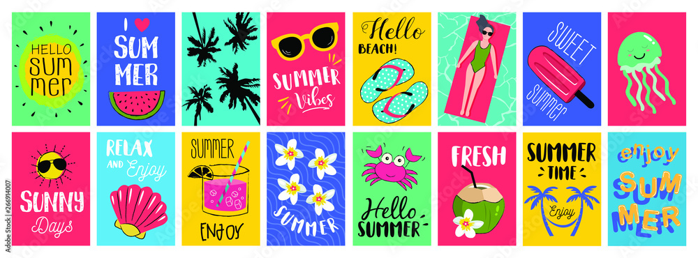 Big set of summer hand drawn tags, summer cards, poster, banner for ...