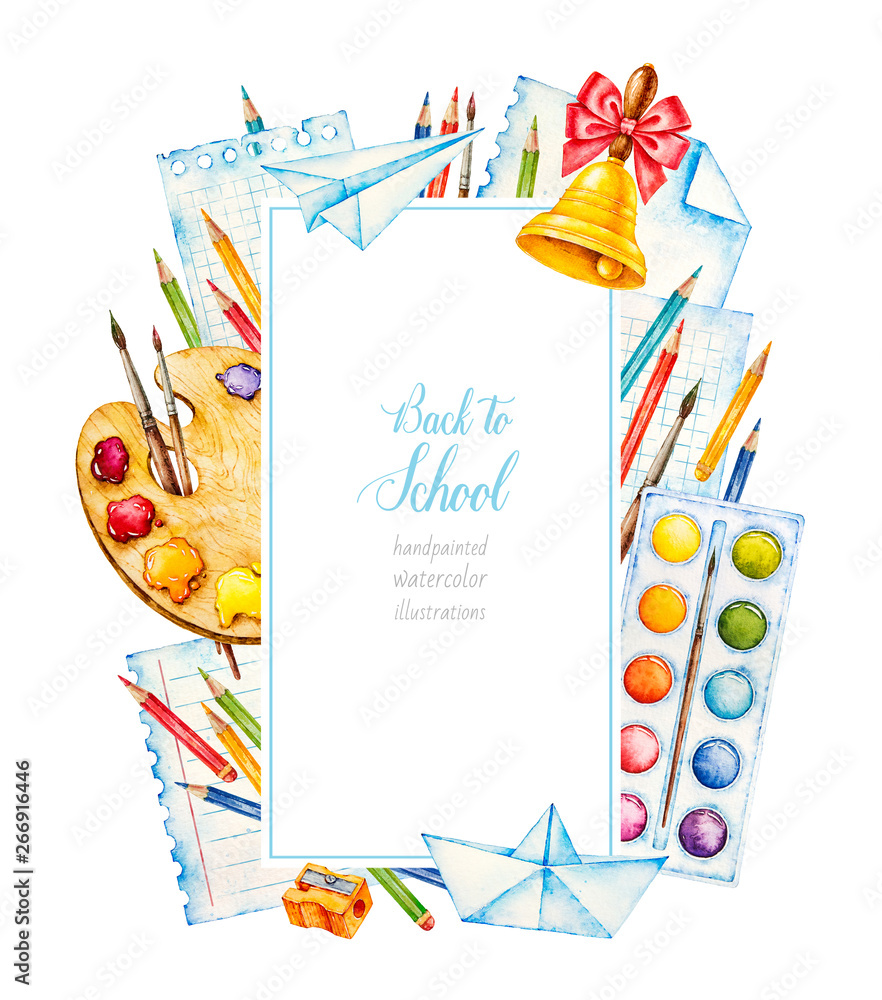 Watercolor paints. Palette. Paint with brushes. Watercolor school. Back ...