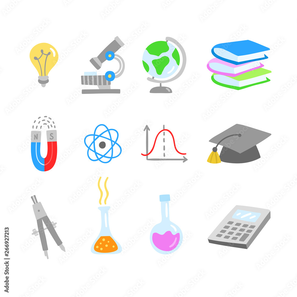 School and science vector illustration set. Chemistry, physics and ...