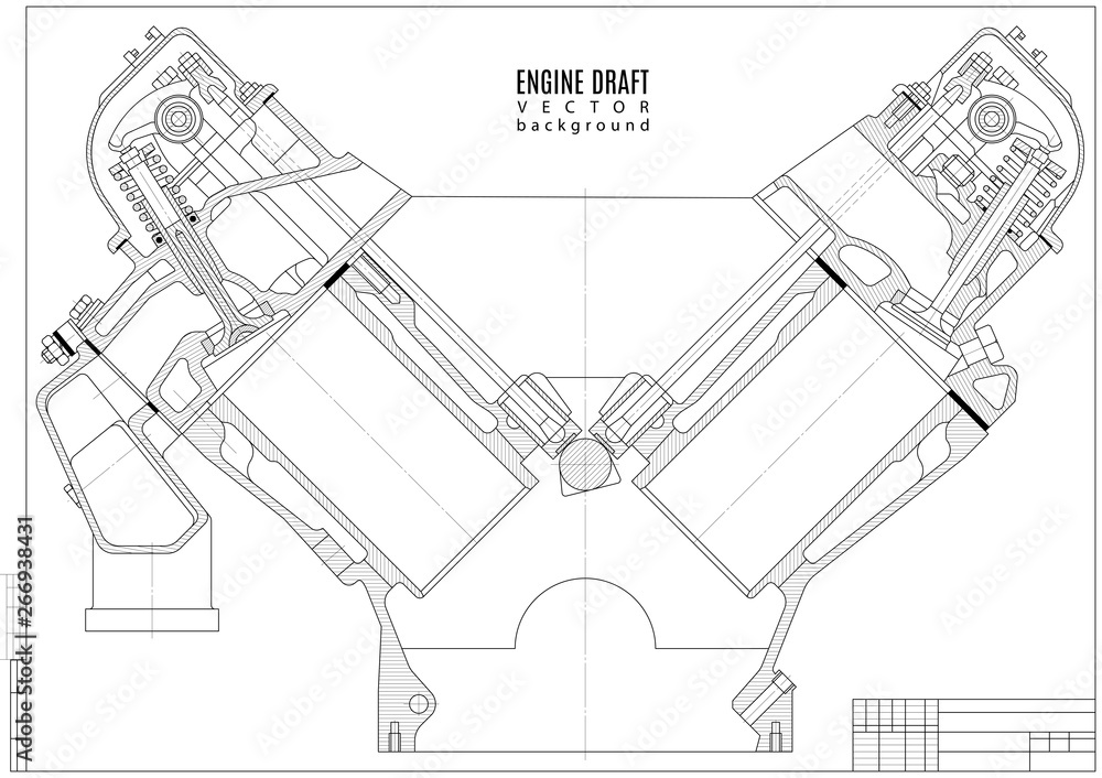 technical drawing engine, construction project or plan with horizontal ...