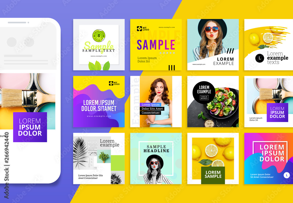 Colorful Social Media Post Set with Abstract Designs Layout Stock ...