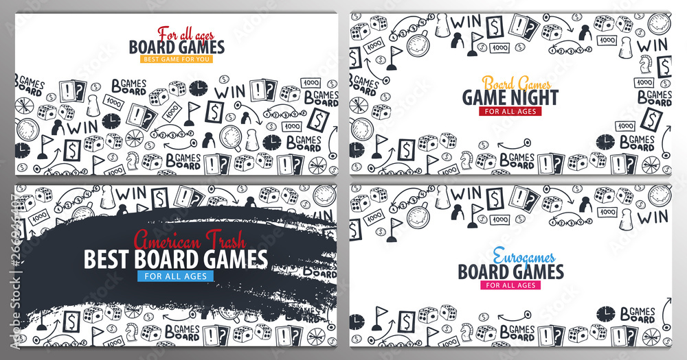 Set of Board Games banners. For all Ages. Hand draw doodle background ...