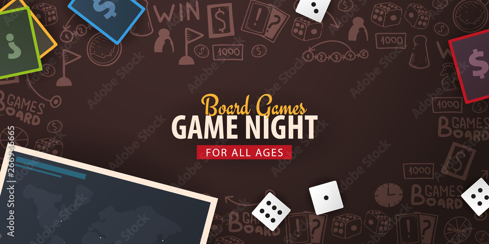 Board Games banner with dice, playing cards and map. Hand draw doodle ...