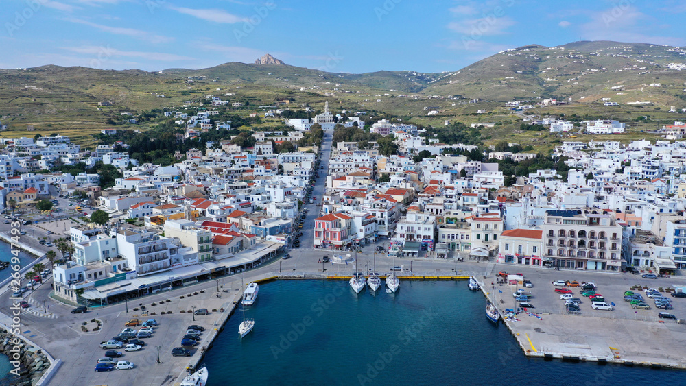 Poster Aerial drone photo of iconic main town and port of Tinos island ...