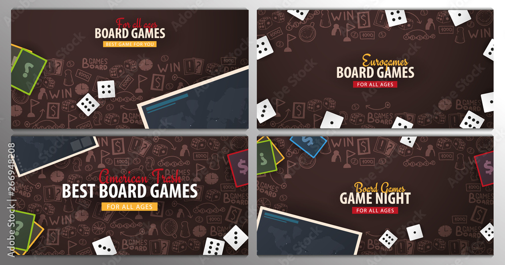 Set of Board Games banners with dice, playing cards and map. Hand draw ...